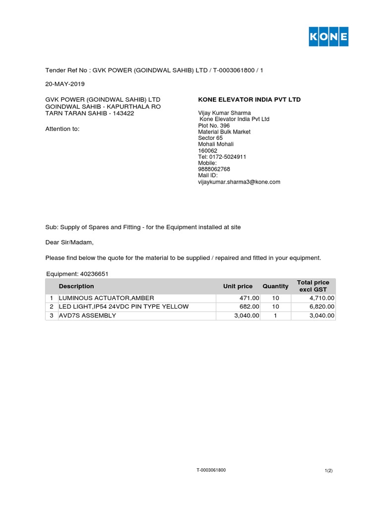 Kone Elevator Quotation for Goindwal Sahib | PDF | Government Finances ...