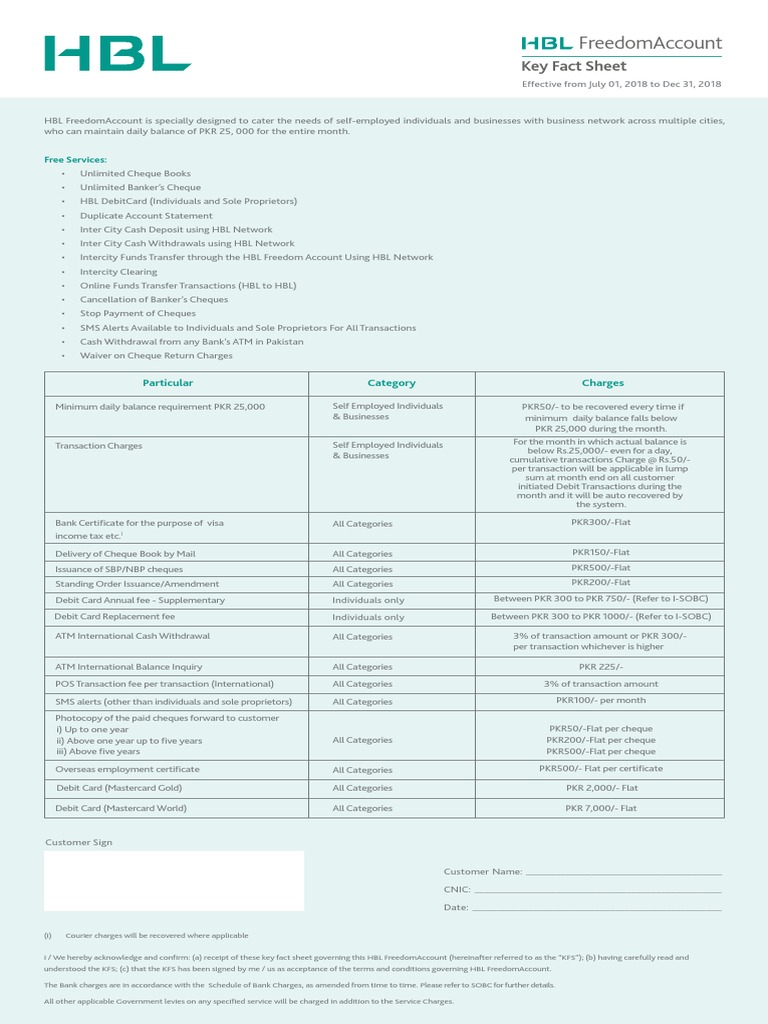 Key Fact Sheet (HBL FreedomAccount) - July To December | PDF | Cheque ...