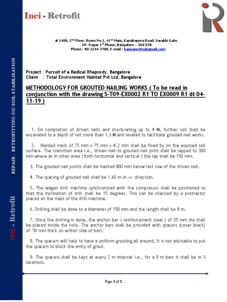 Method Statement R1 - Grouting Nailing | PDF | Concrete | Civil Engineering
