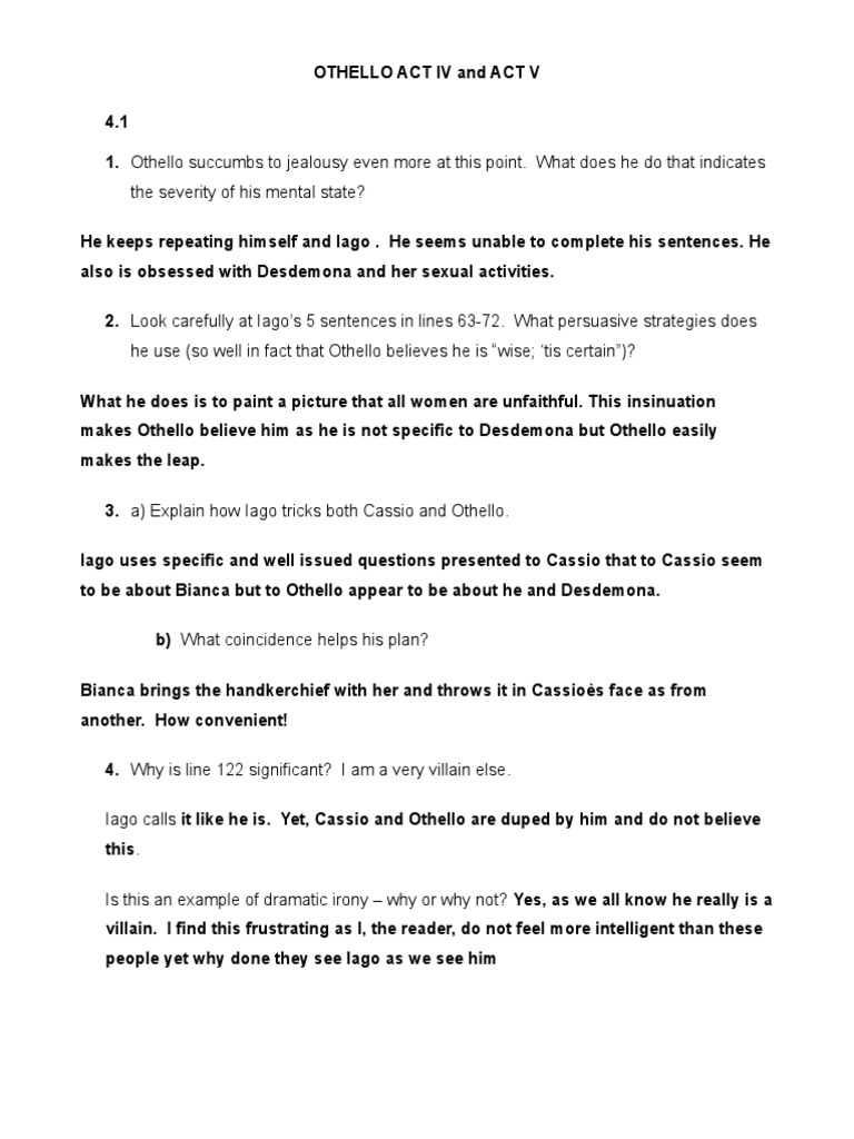 Act IV and V Questions and Answers | PDF | Iago | Othello