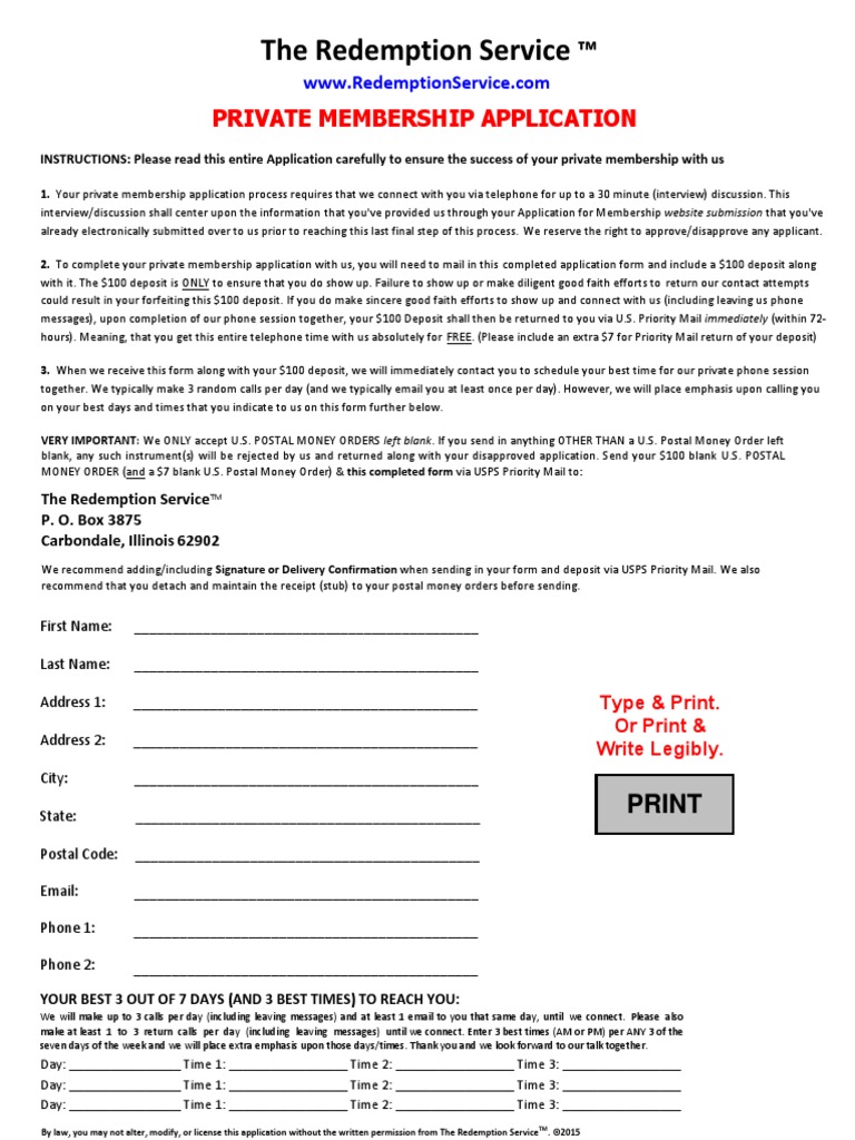 The Redemption Service Membership Application PDF | PDF | United States ...