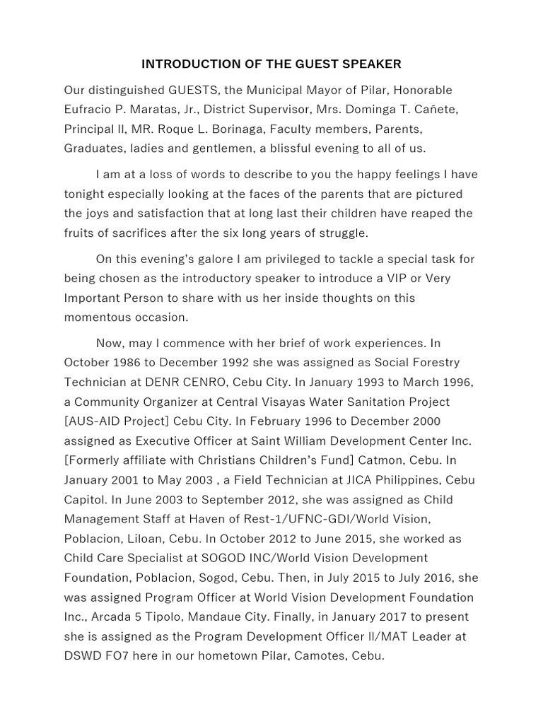 Introduction To Guest Speaker | PDF | Behavior Modification ...