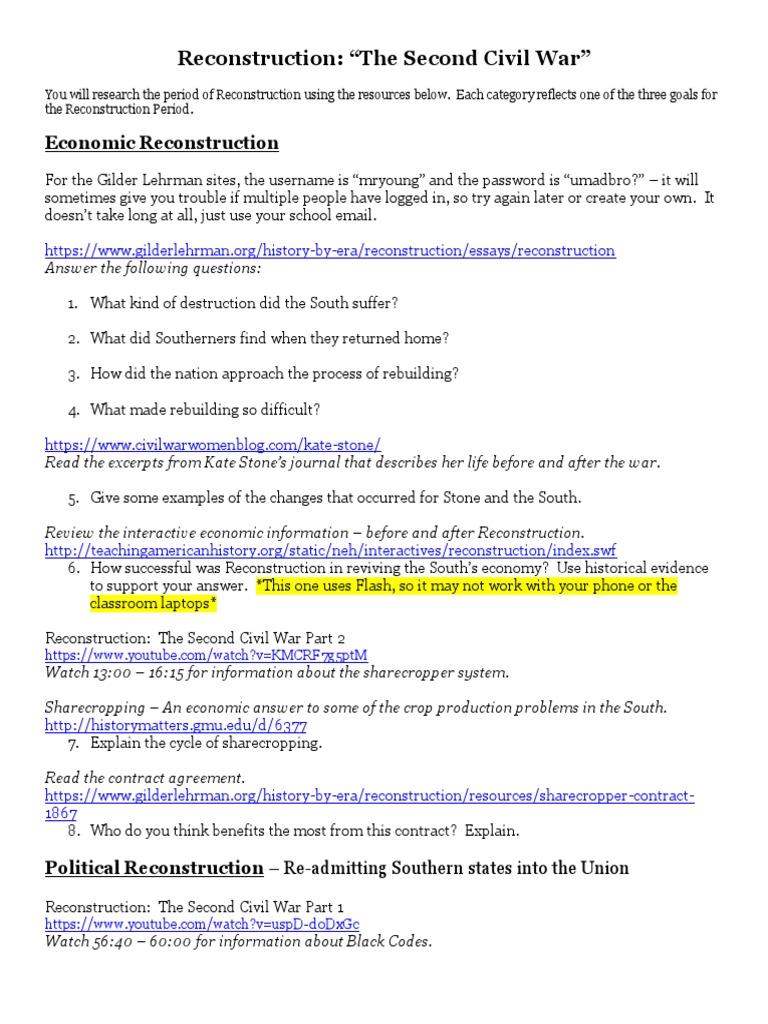 Unit 6 - Day 2 Reconstruction Webquest | PDF | Reconstruction Era ...