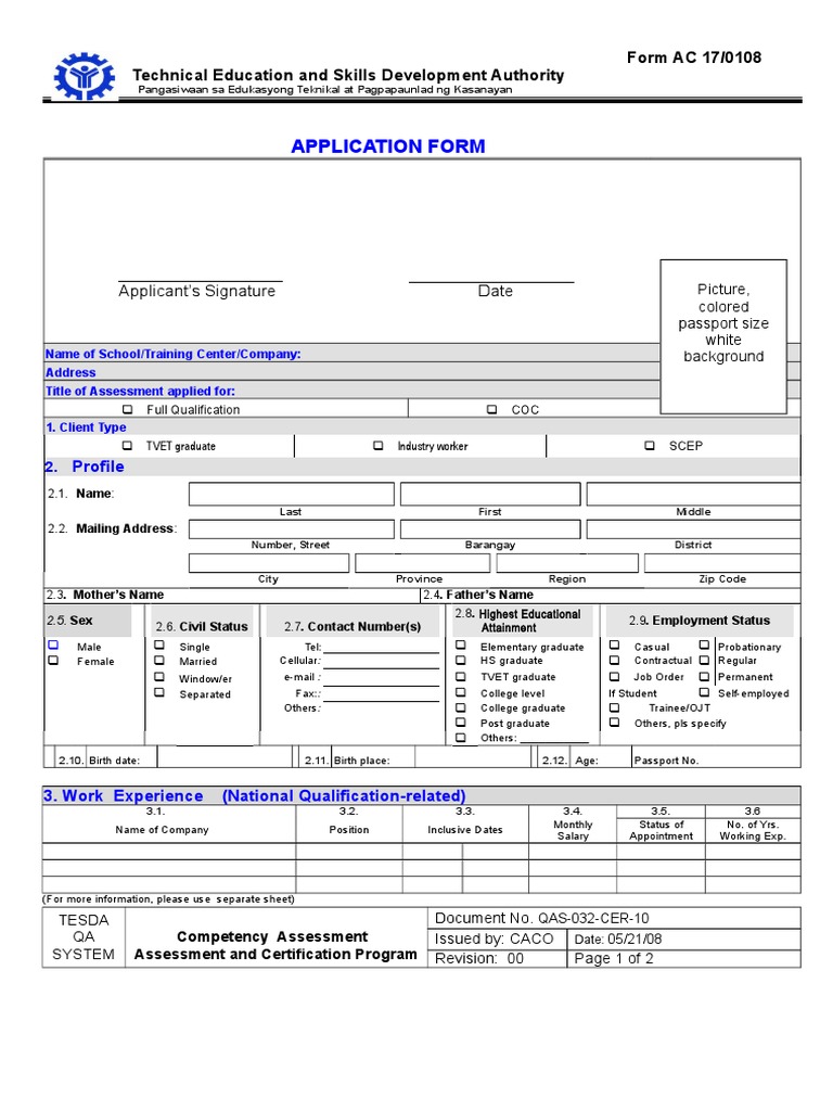 Tesda Form | PDF | Educational Stages | Vocational Education