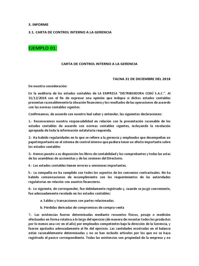 EJEMPLO CARTA DE CONTROL INTERNO.docx | Estado financiero | Contabilidad