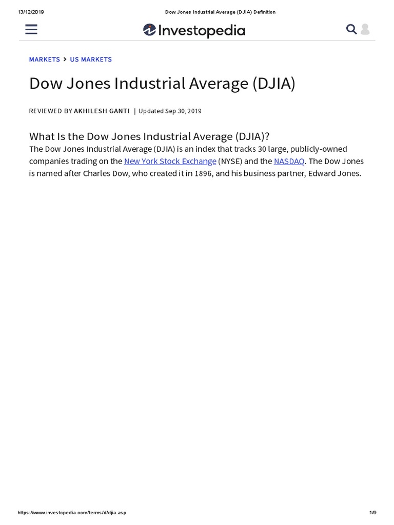 Dow Jones Industrial Average (DJIA) Definition | PDF | Dow Jones ...