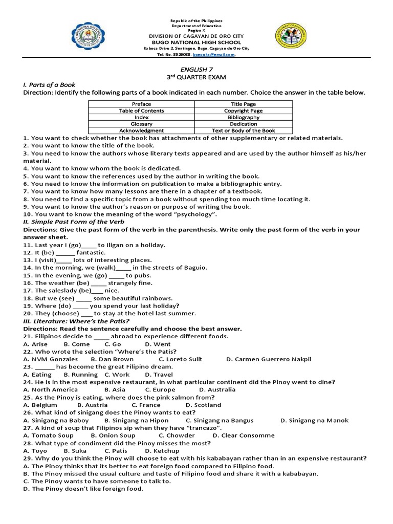 ENGLISH 7 Exam 3rd Quarter | PDF | Books | Foods