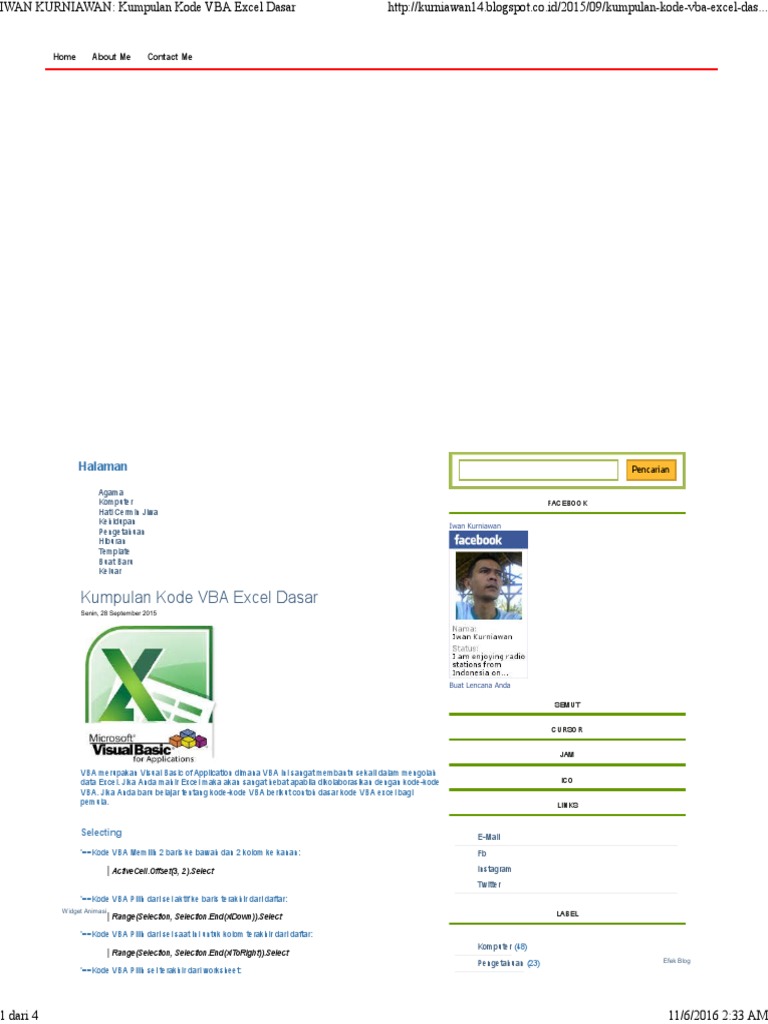 Kumpulan Kode VBA Excel Dasar PDF | PDF