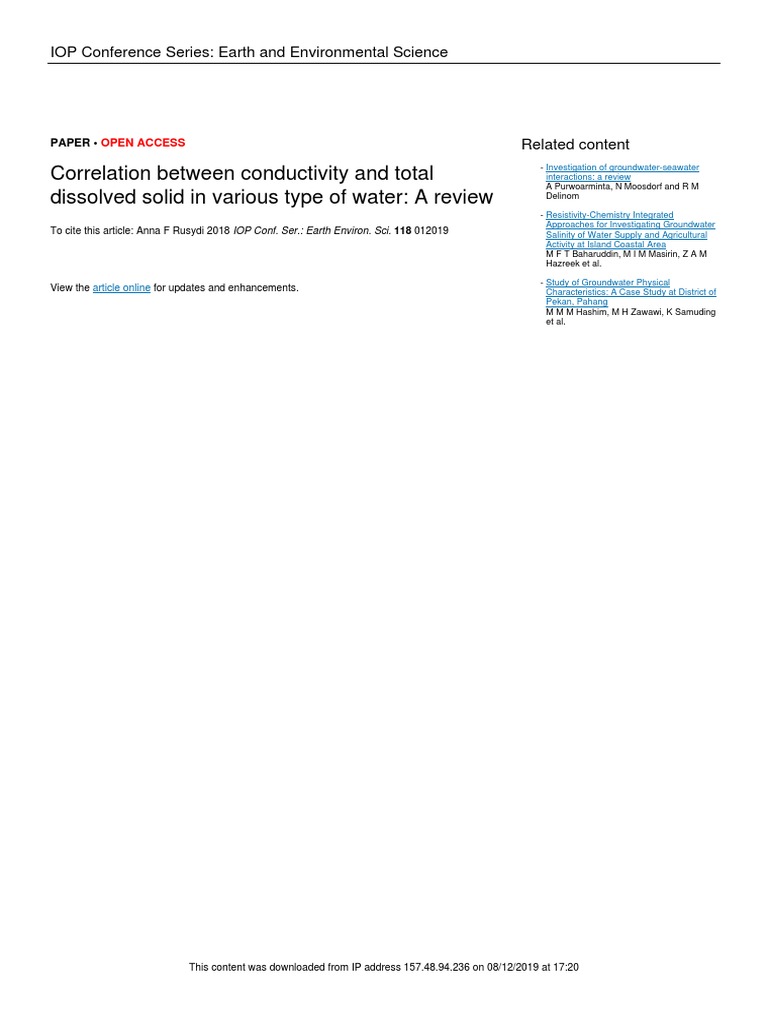 TDS and Conductivity Correlation Review | PDF | Salinity | Water