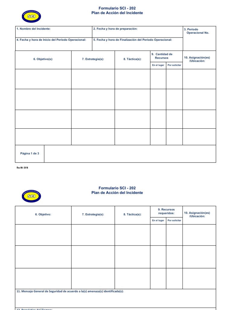Formulario SCI-202: Plan de Acción Incidente | PDF | Planificación ...