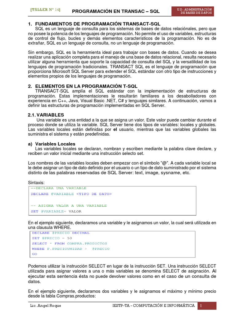 TALLER N 06 Programacion en Transact SQL | PDF | SQL | Servidor SQL de Microsoft