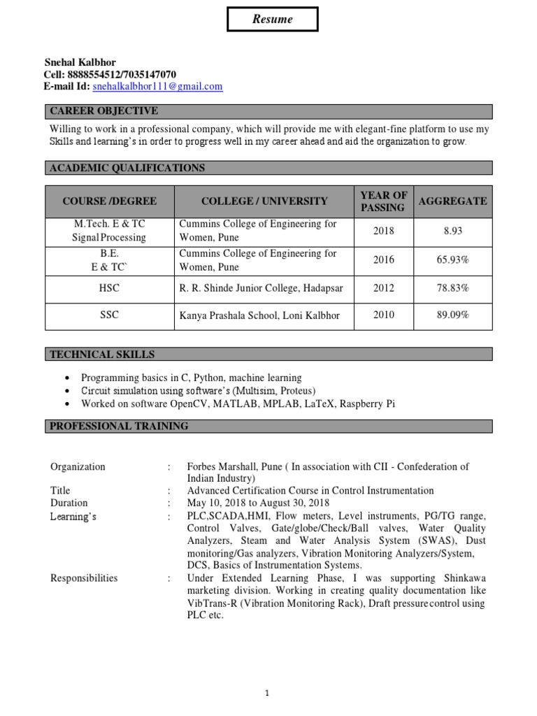 Snehal Kalbhor Resume PDF | PDF | Computer Vision | Machine Learning
