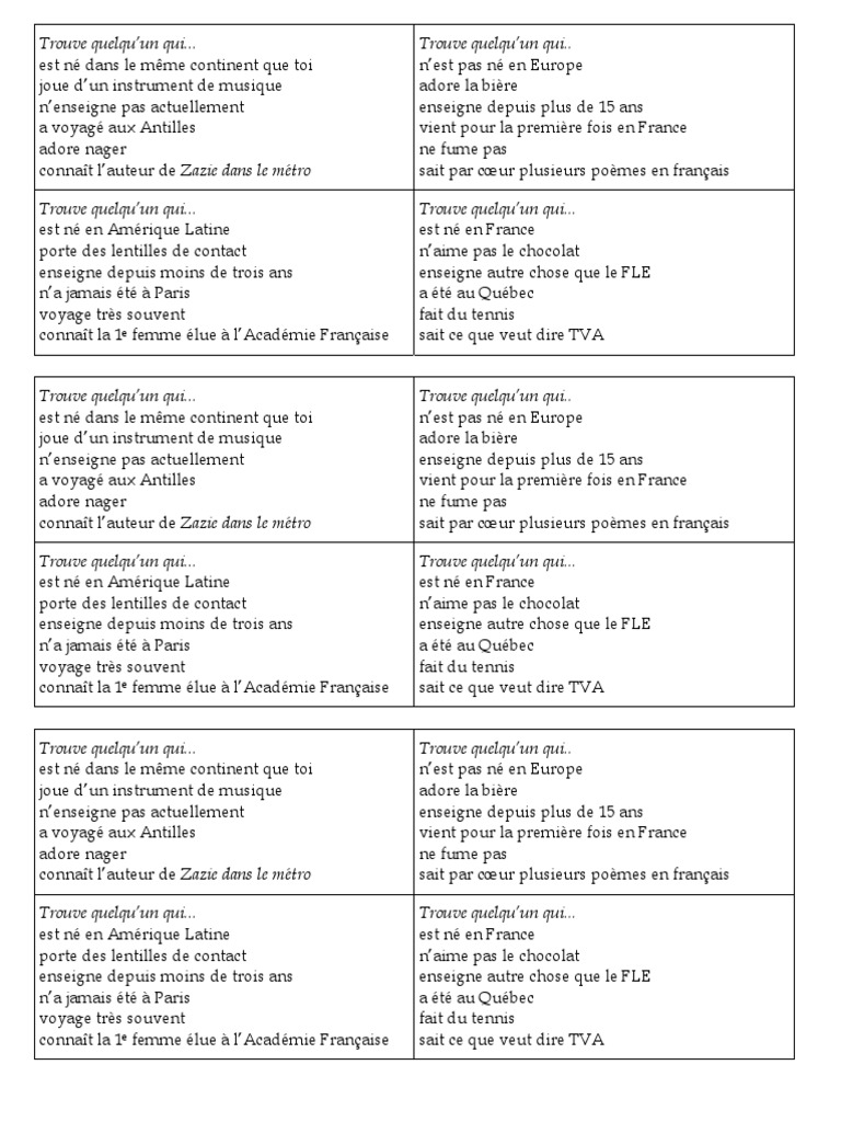 Activité "Trouve quelqu'un qui..." | PDF | Boissons