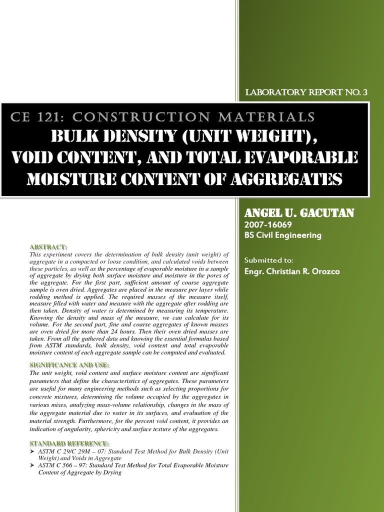 CE 121 LAB #3 Bulk Density (Unit Weight), Void Content, and Total ...