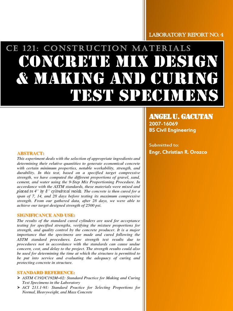CE 121 LAB #4 Concrete Mix Design & Making and Curing Test Specimens ...