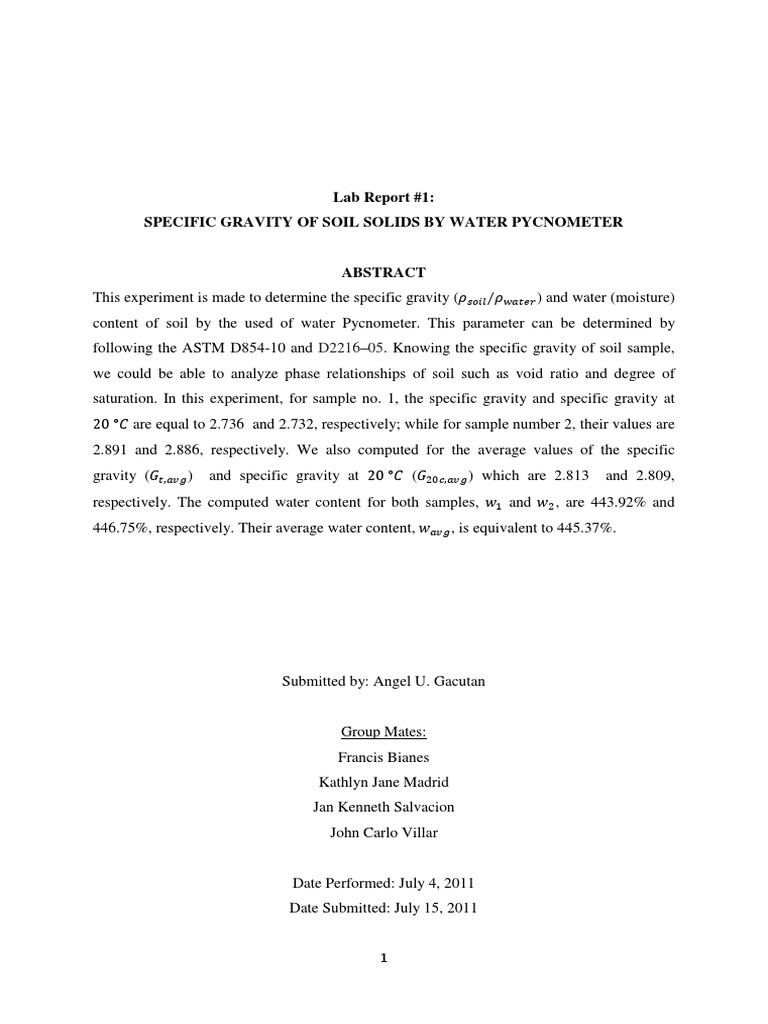 CE 162 LAB #1 Specific Gravity of Soil Solids by Water Pycnometer | PDF | Density | Soil