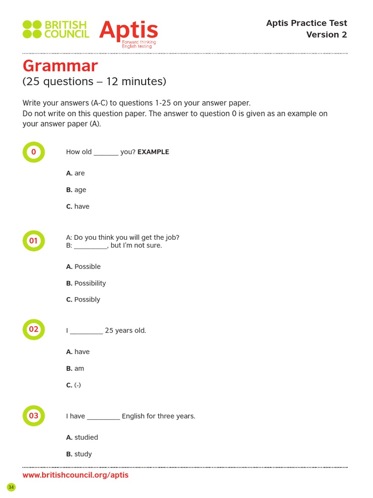 APTIS Grammar Test | PDF