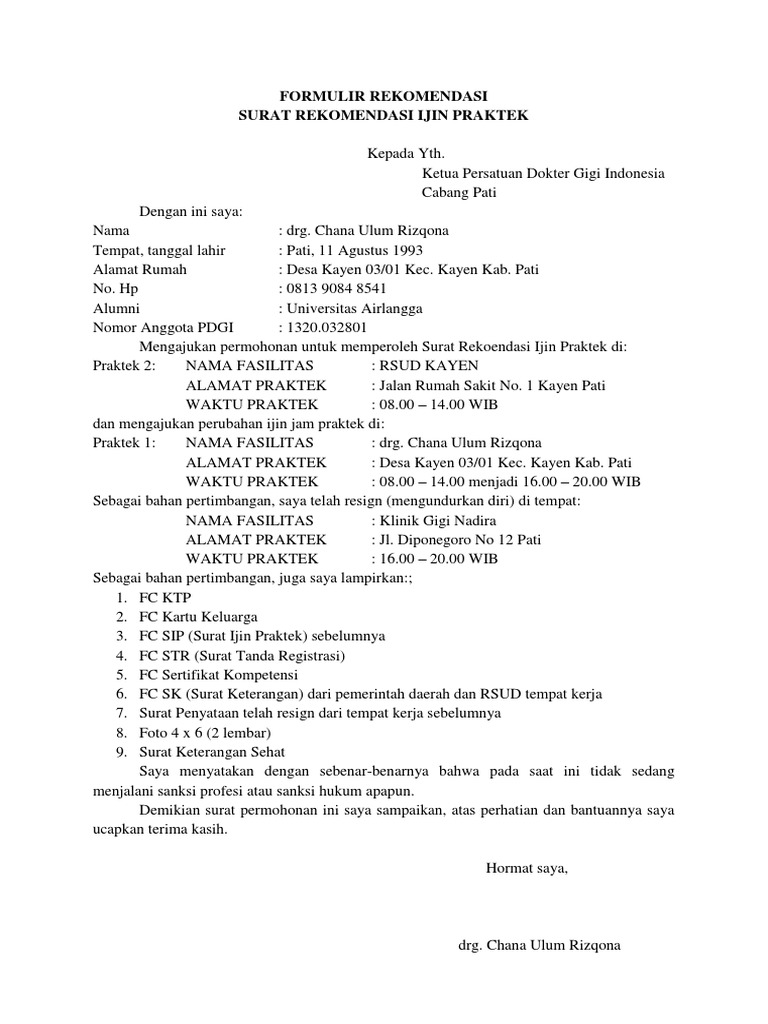 Izin Praktek drg. Chana Rizqona | PDF