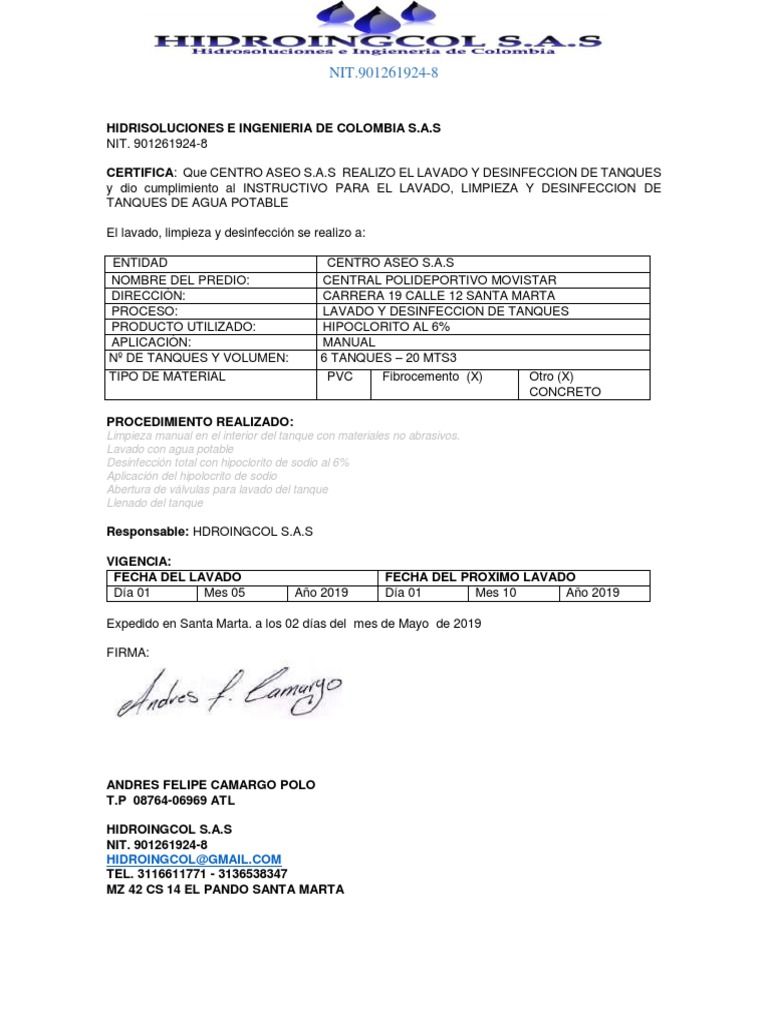Certificado de Lavado y Desinfeccion de Tanques | PDF Certificado de Lavado y Desinfeccion de Tanques | PDF