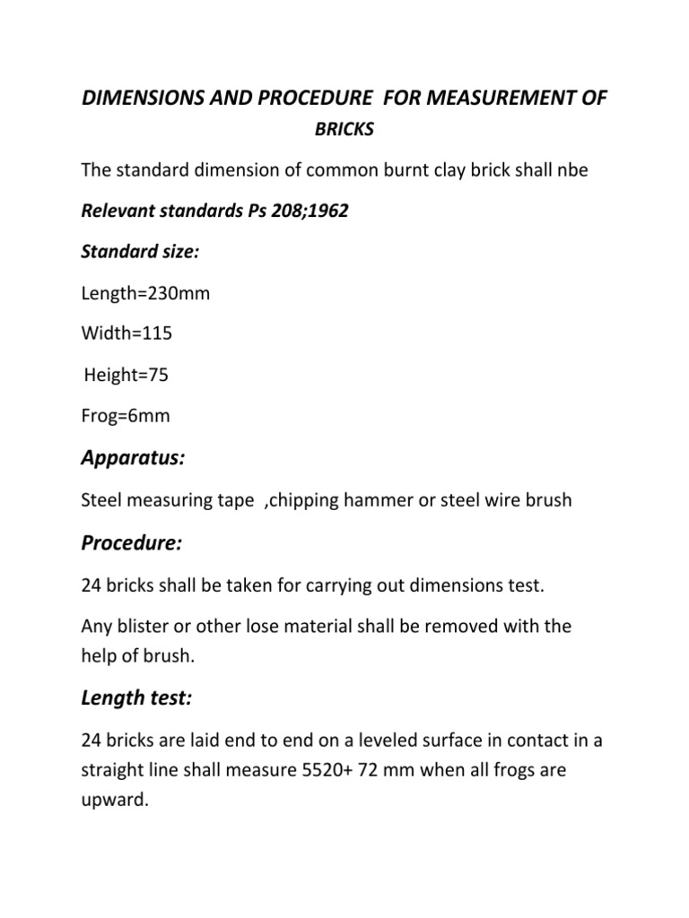 Standard Dimensions for Brick Measurement | PDF | Technology & Engineering