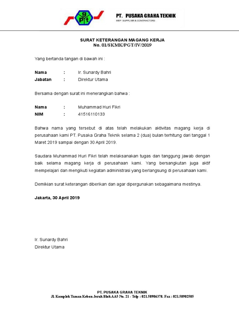 Surat Keterangan Magang PT Pusaka Graha Teknik | PDF