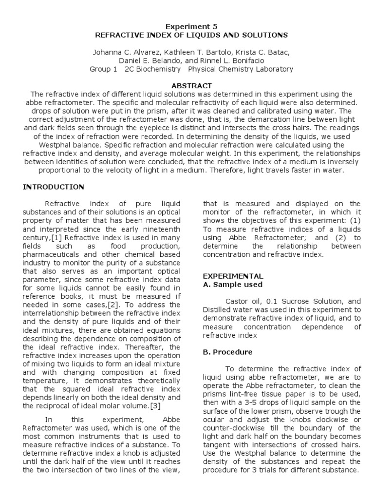 Experiment 5 | PDF | Refractive Index | Molar Concentration