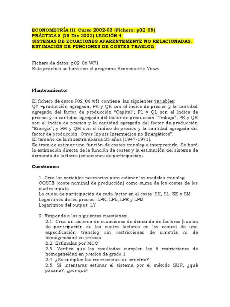 Practica 8 Modelos SURE Funciones Traslog | PDF | Enseñanza de ...