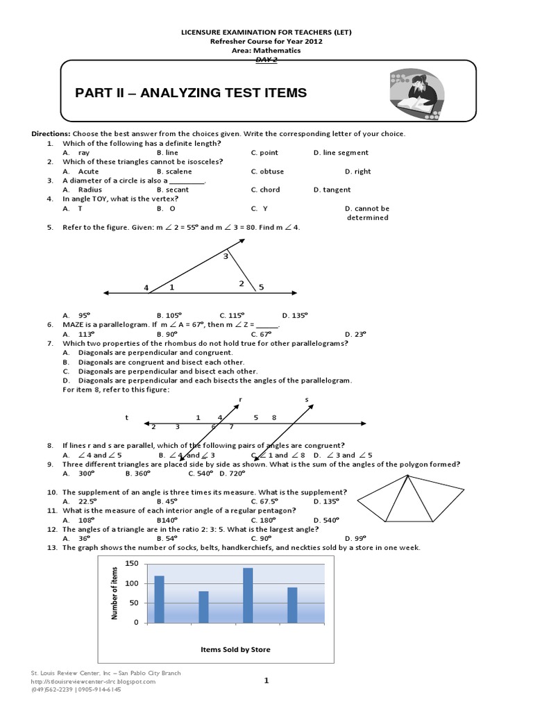 LET Refresher Course Math Test Analysis | PDF | Perpendicular | Area