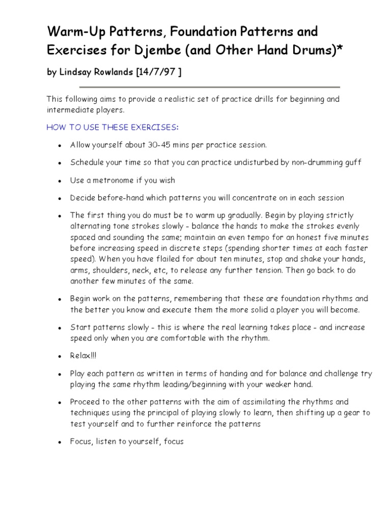 Djembe Warm-Up and Foundation Patterns | PDF | Rhythm | Learning
