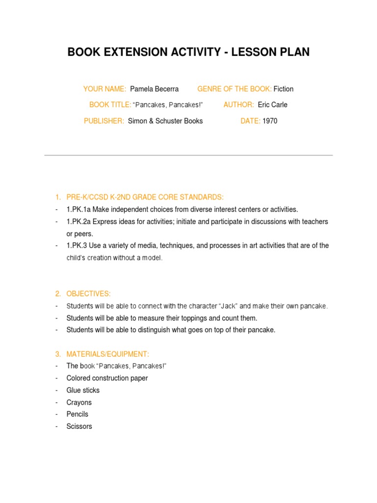 Book Extension Activity - Pancakes | PDF | Pancake | Lesson Plan