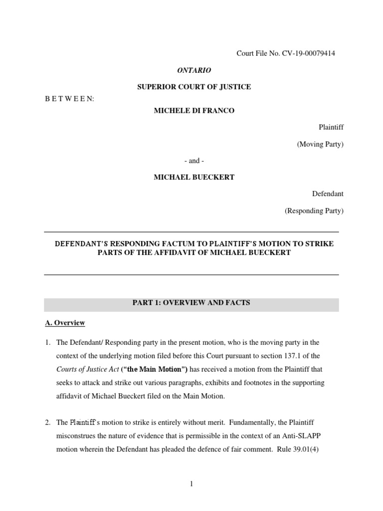 Bueckert RESPONDING FACTUM On Motion To Strike Affidavit - December 13, 2019 | PDF | Affidavit ...
