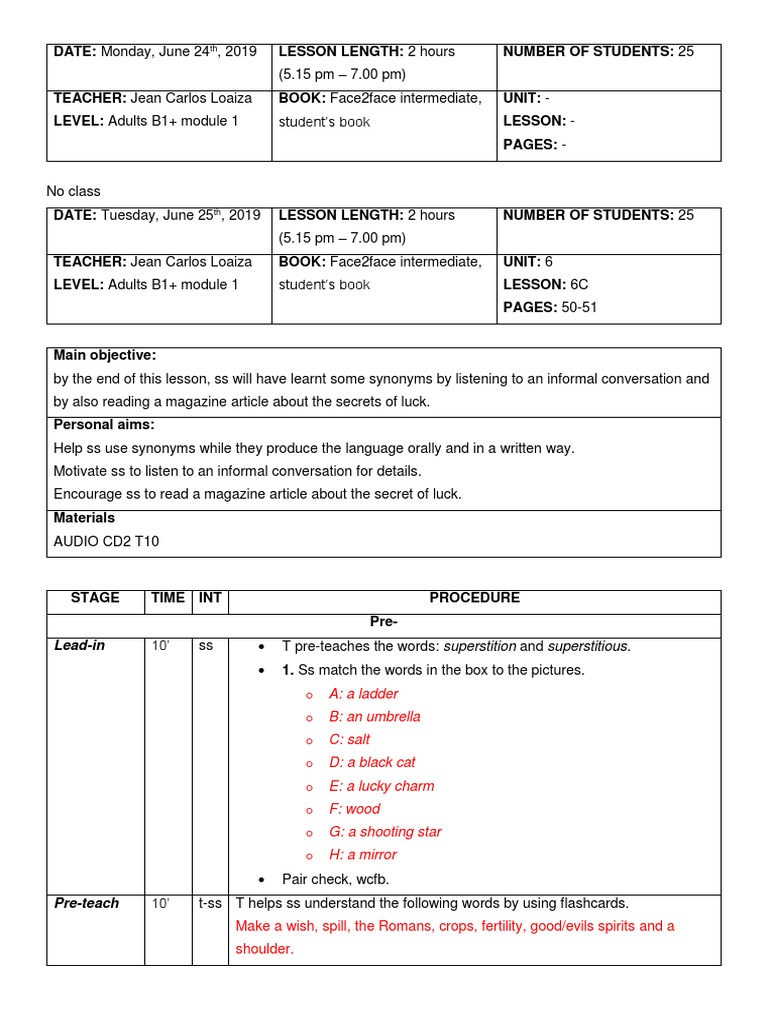 Lesson Plans, Adults B1+ Module 1 | PDF | Luck | Linguistics