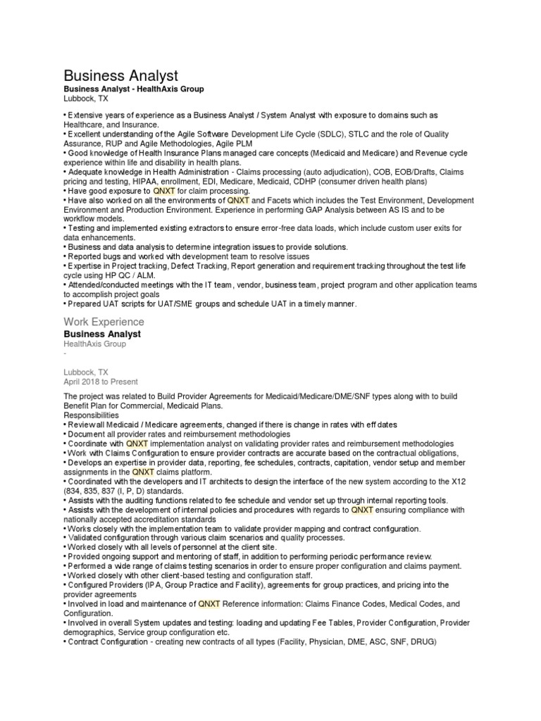 QNXT Business Analyst | PDF | Health Insurance Portability And ...