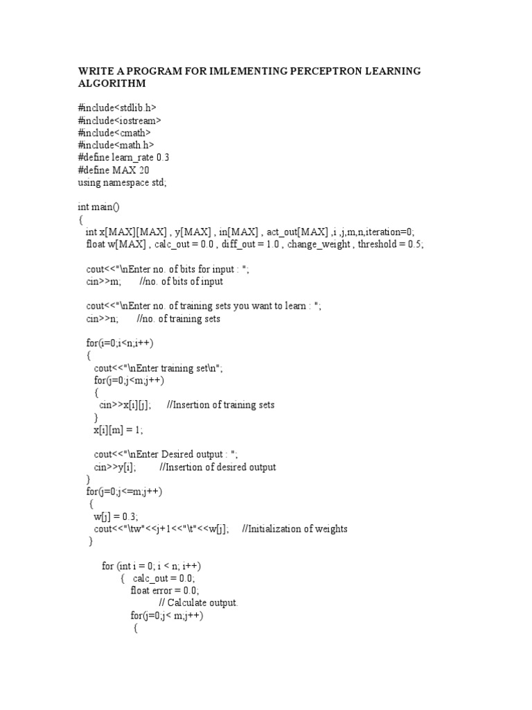 Write A Program For Imlementing Perceptron Learning Algorithm | PDF | Computational Neuroscience ...