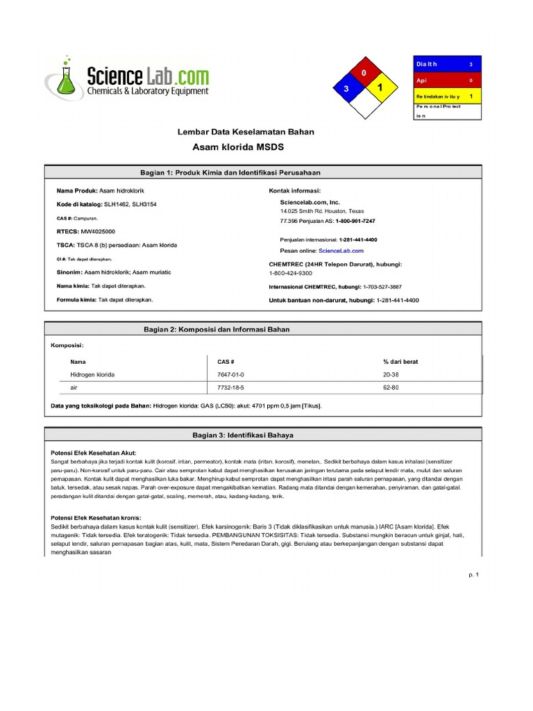 MSDS HCL Bahasa Indonesia | PDF