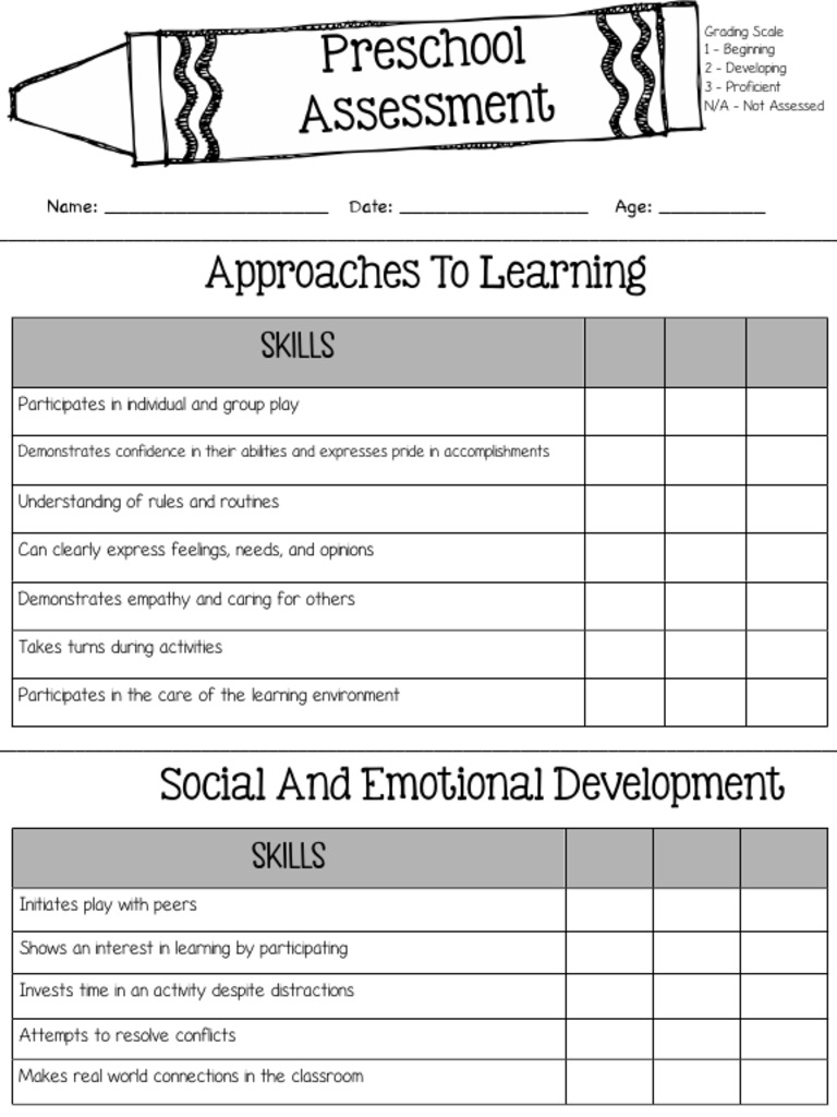 A Preschool Assessment Report Card Covering Approaches to Learning ...