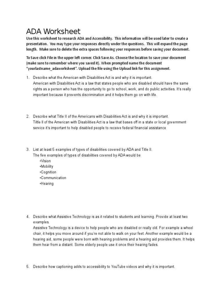 1-Ada Worksheet | PDF | Americans With Disabilities Act Of 1990 ...