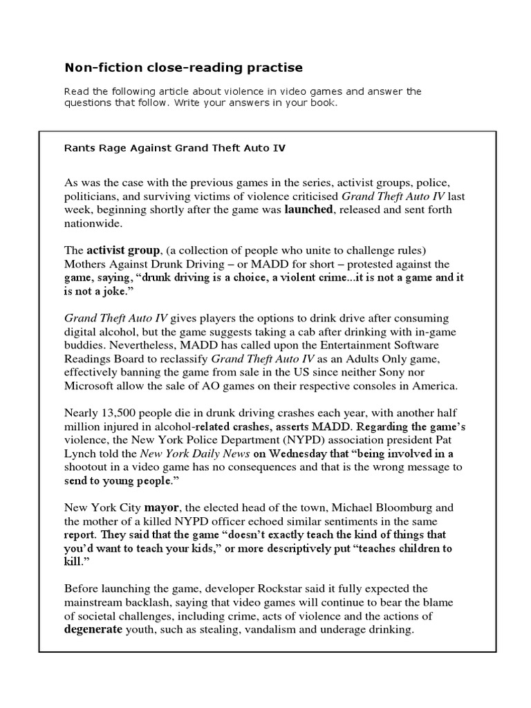 Article Close Reading | Download Free PDF | Video Games | Violence