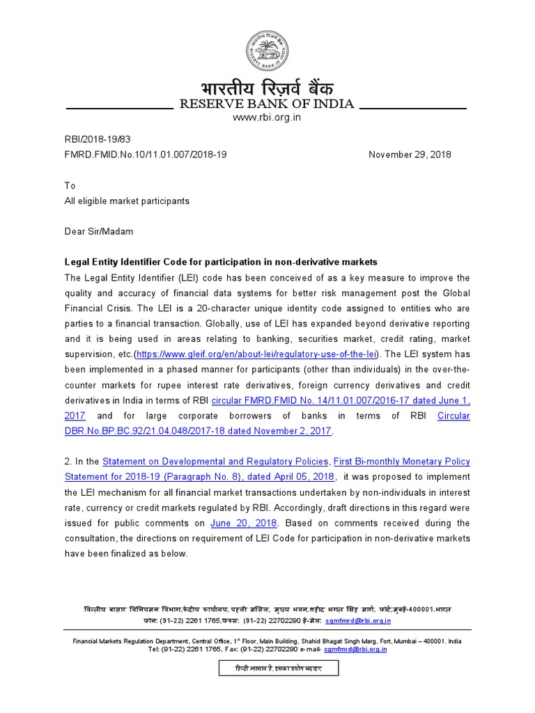 RBI Circular LEI For Spot Transactions | PDF | Reserve Bank Of India ...