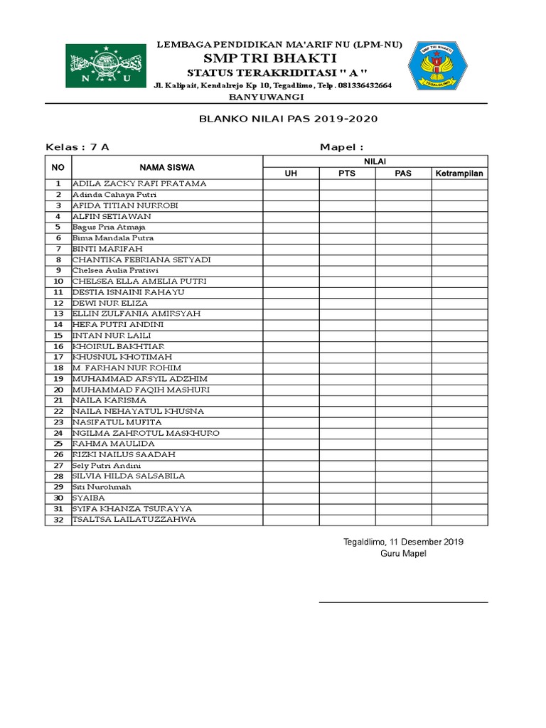Contoh Blanko Nilai Pas 2019-2020 | PDF