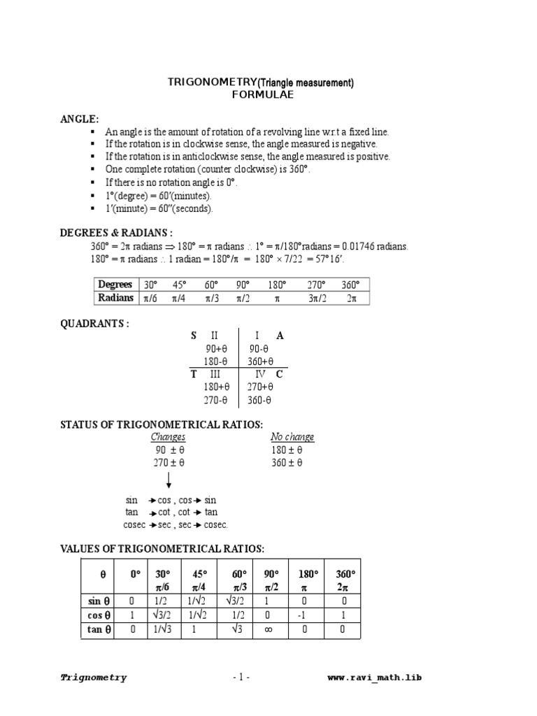 Trignometry Formulas | PDF | Trigonometric Functions | Trigonometry