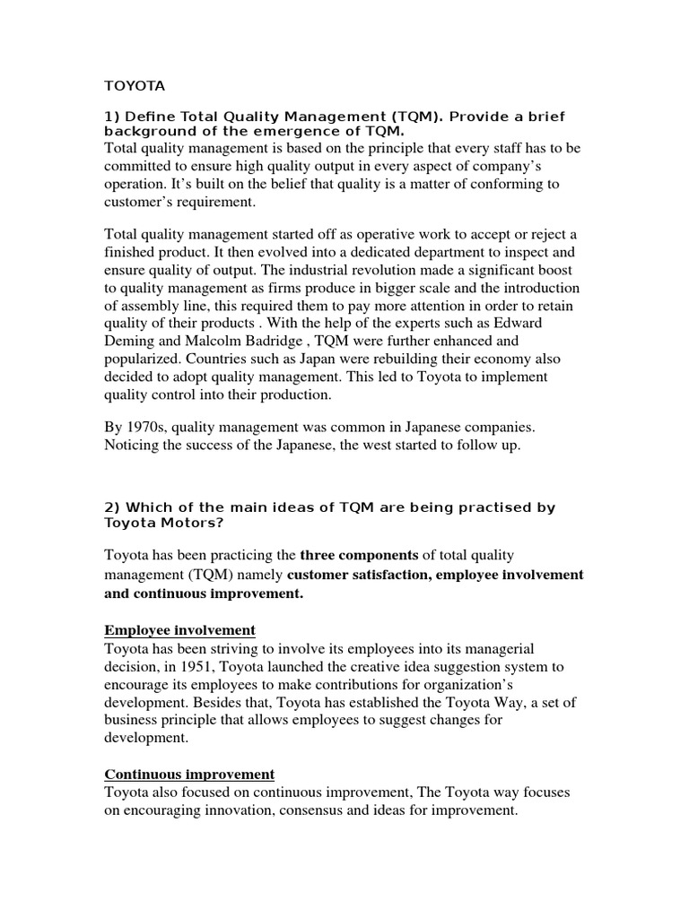 Toyota's Total Quality Management Success | PDF | Toyota | Quality ...
