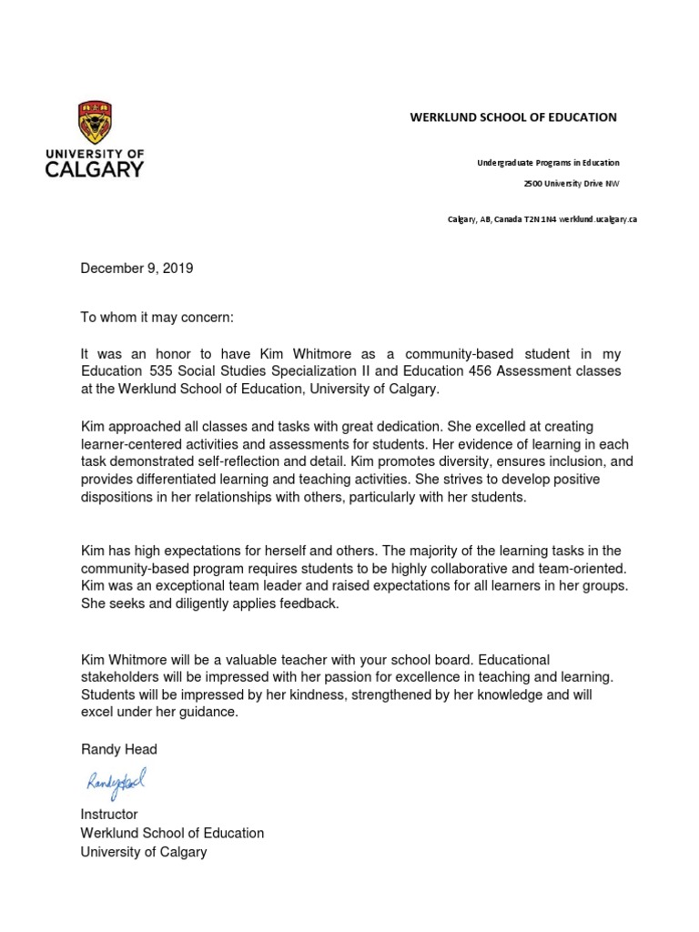 Kim Whitmore Reference Letter | PDF