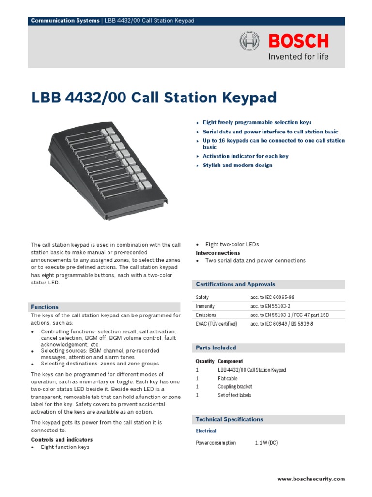 BOSCH Lbb4432 Keypad | PDF | Electrical Engineering | Computing