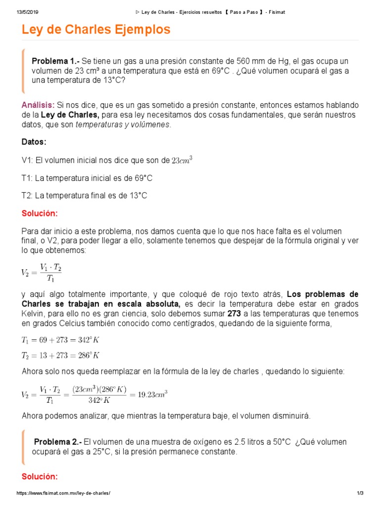 Ley de Charles - Ejercicios resueltos 【 Paso a Paso 】 - Fisimat | PDF | Celsius | Gases
