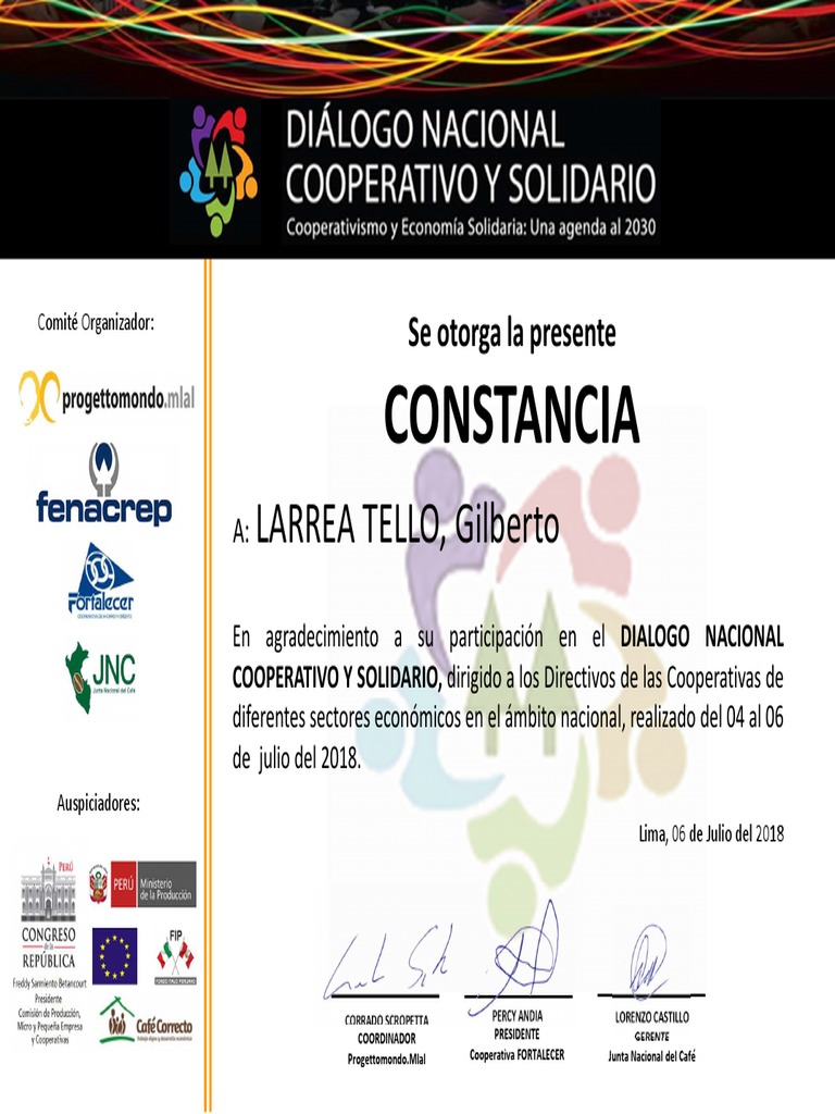 Constancia por Diálogo Nacional Cooperativo 2018 | PDF | Hogar ...