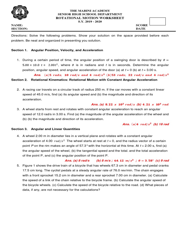 Rotational Motion Worksheet for Physics | PDF | Acceleration | Rotation ...
