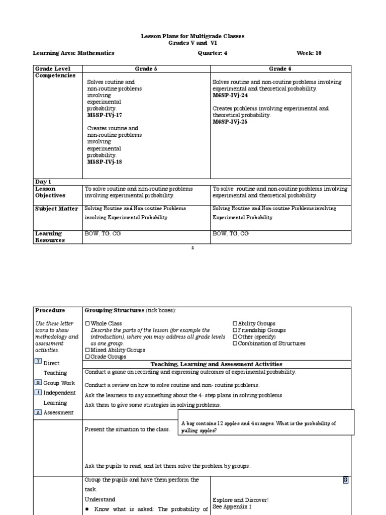 Grade 5-6 Probability Lesson Plans | PDF | Probability | Teachers