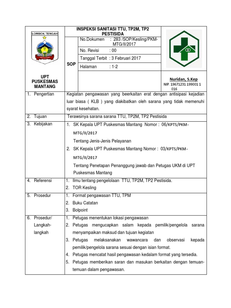 Sop Inspeksi Sanitasi Ttu, tp2m, tp2 Pestisida | PDF