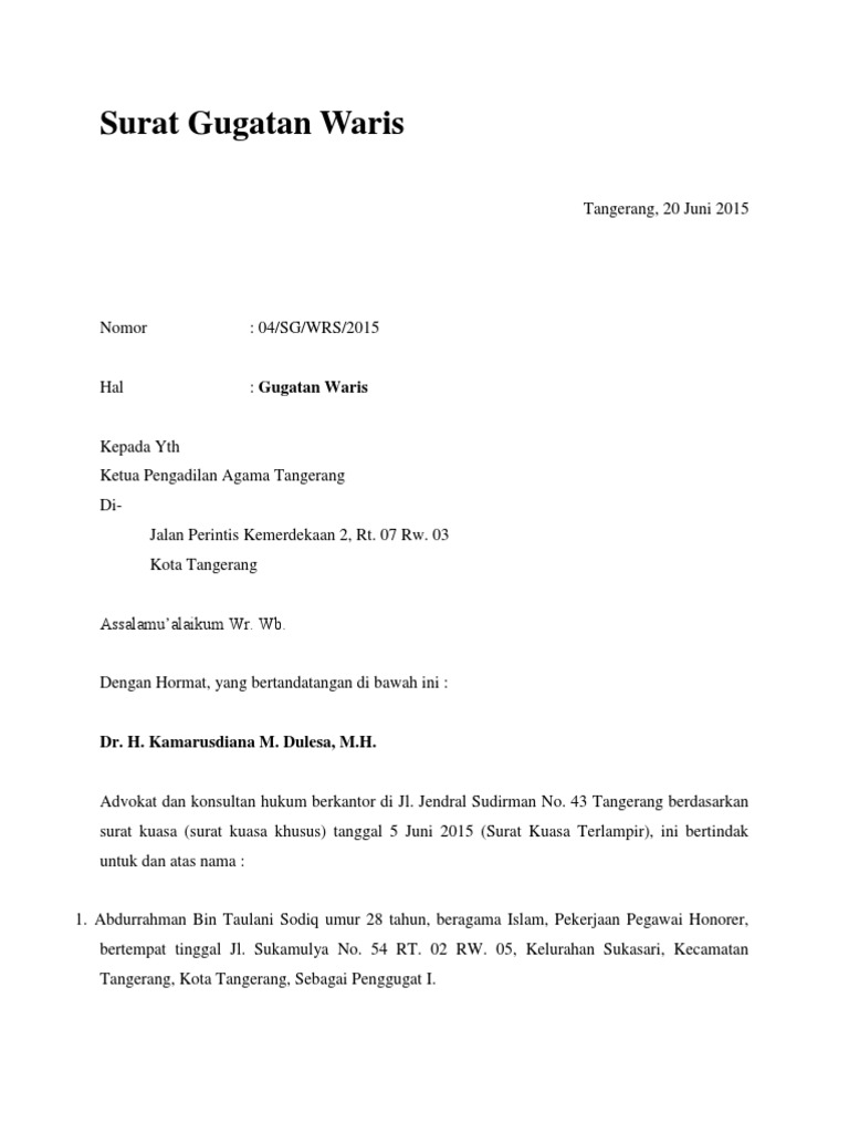 Contoh Surat Gugatan Waris Resmi | PDF | Politik | Ilmu Sosial
